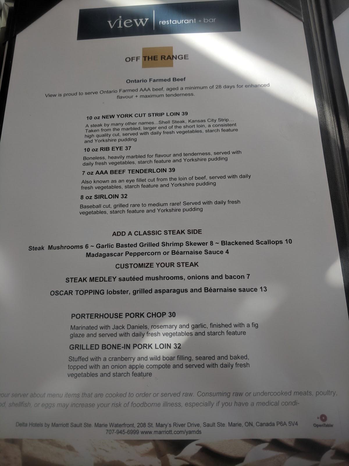 Menu at View steakhouse, Sault Ste. Marie