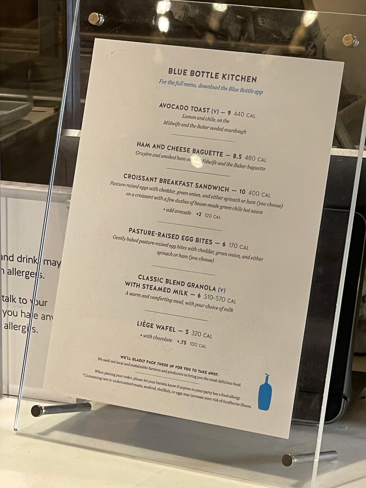 Menu at Blue Bottle Coffee cafe, Palo Alto, 456 University Ave