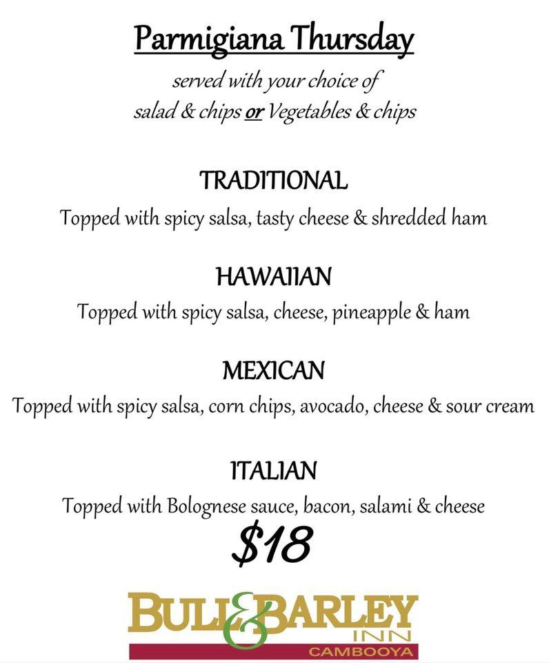 Menu at Bull & Barley Inn, Cambooya