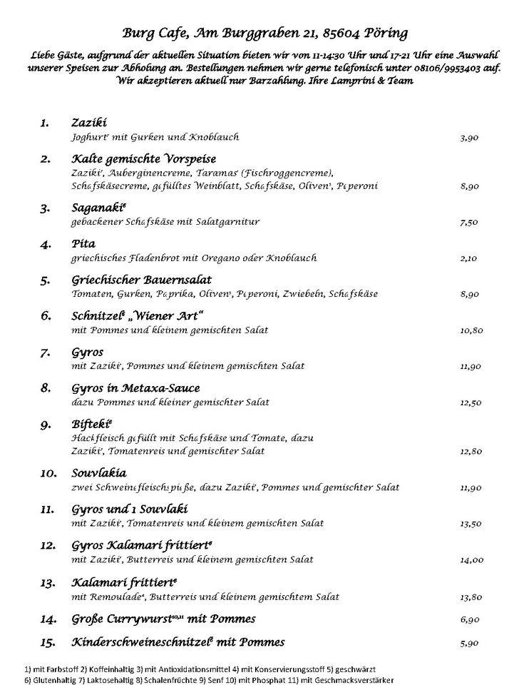 Speisekarte von Burg Cafe, Zorneding