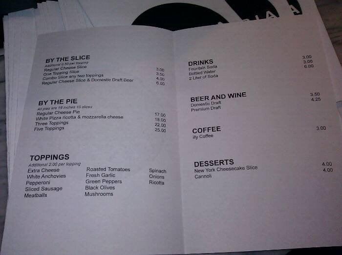 Menu at Secret Pizza pizzeria, Las Vegas