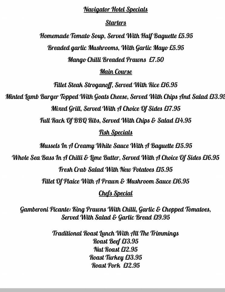 Menu at The Navigator Hotel pub & bar, Bognor Regis