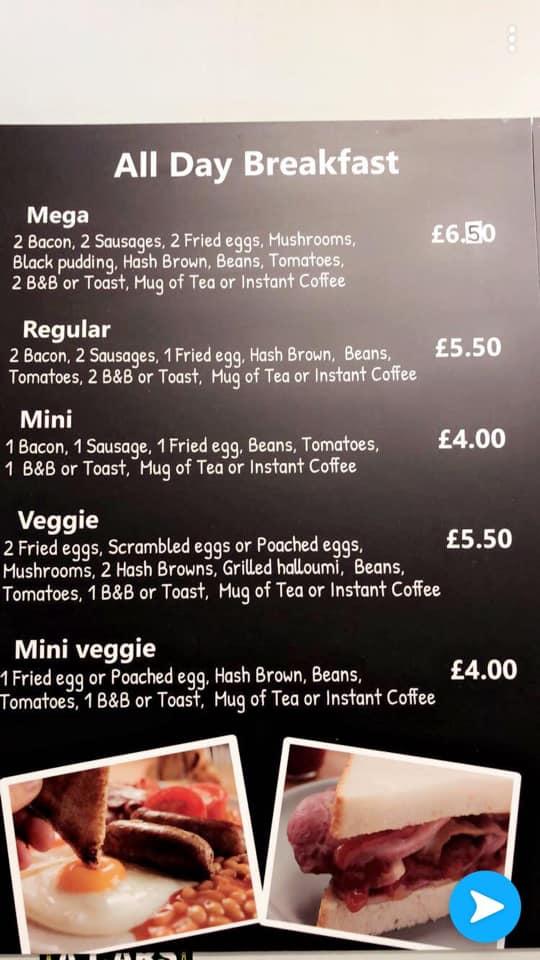 Menu at The Pit Stop Cafe, Birmingham
