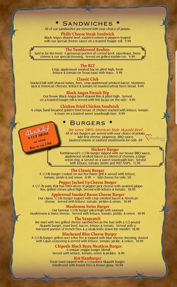 Menu at Tumble Weeds Steak House steakhouse, Bartlesville
