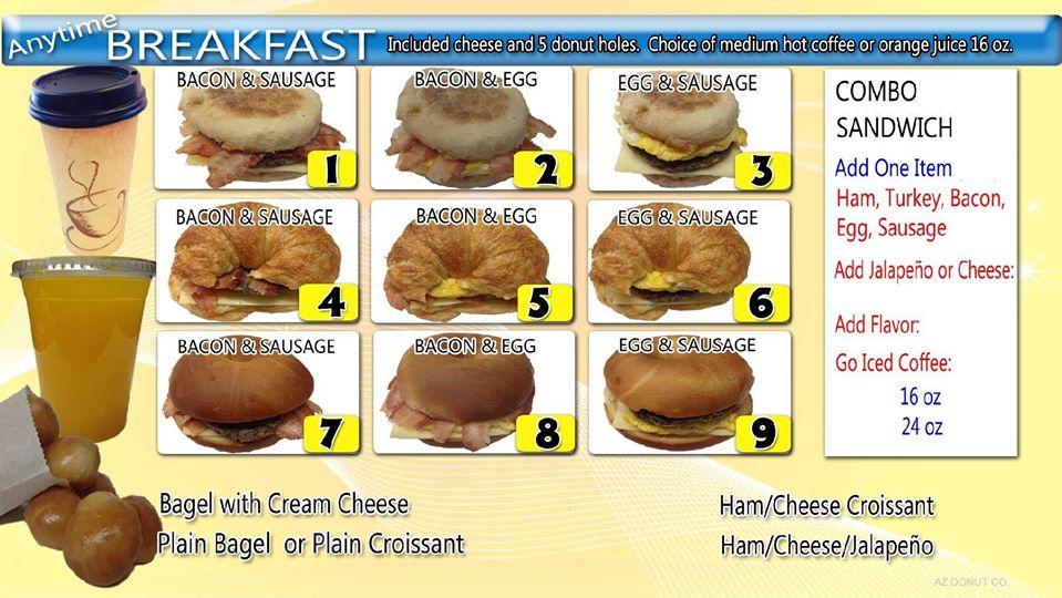 Menu at Arizona Donut Co. restaurant, Tempe