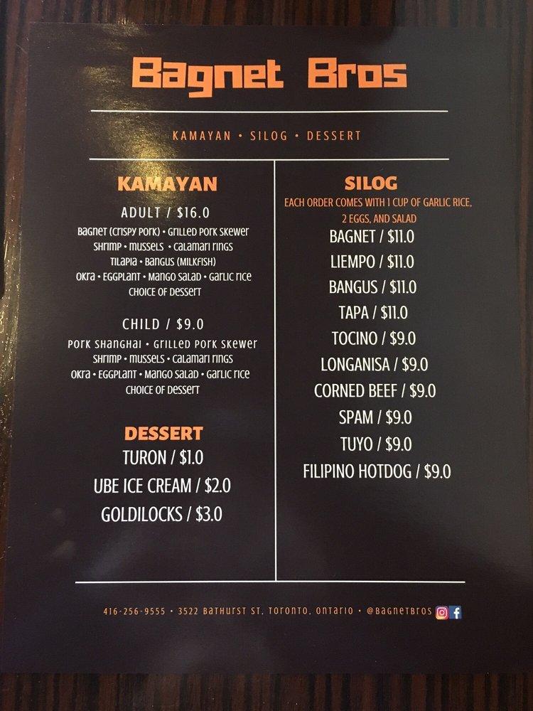 Menu at Bagnet Bros restaurant, Toronto