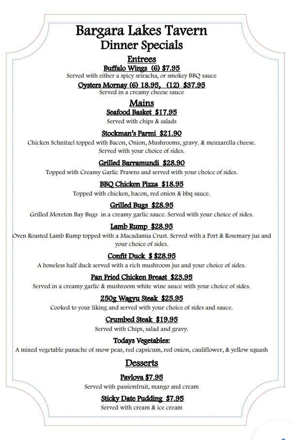 Menu at Bargara Lakes Tavern, Bargara