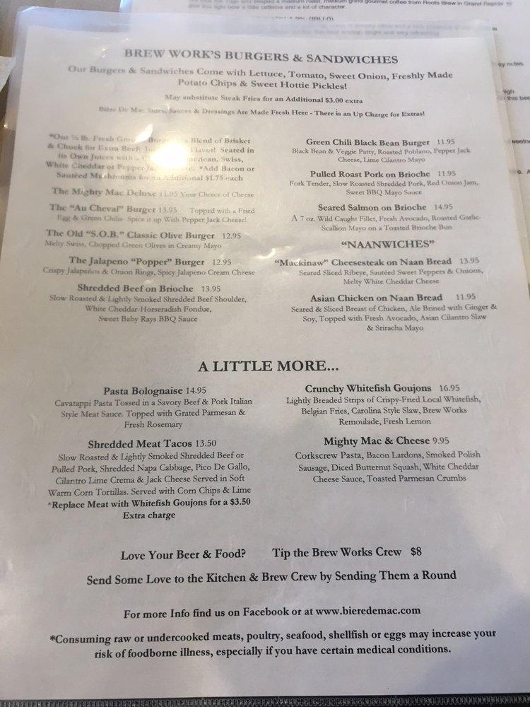 Menu at Bière de Mac Brew Works pub & bar, Mackinaw City