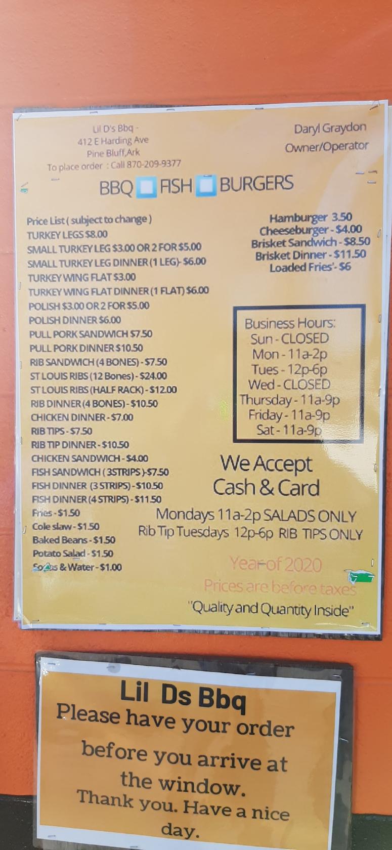 Menu at Lil D's BBQ, Pine Bluff