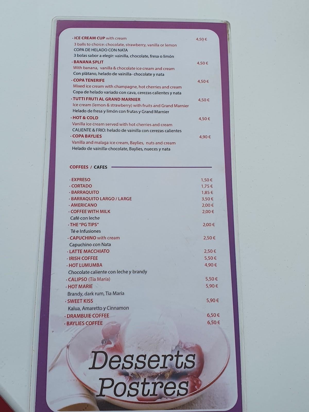Menu at La Karina restaurant, Playa de las Américas, P.º Chinyero