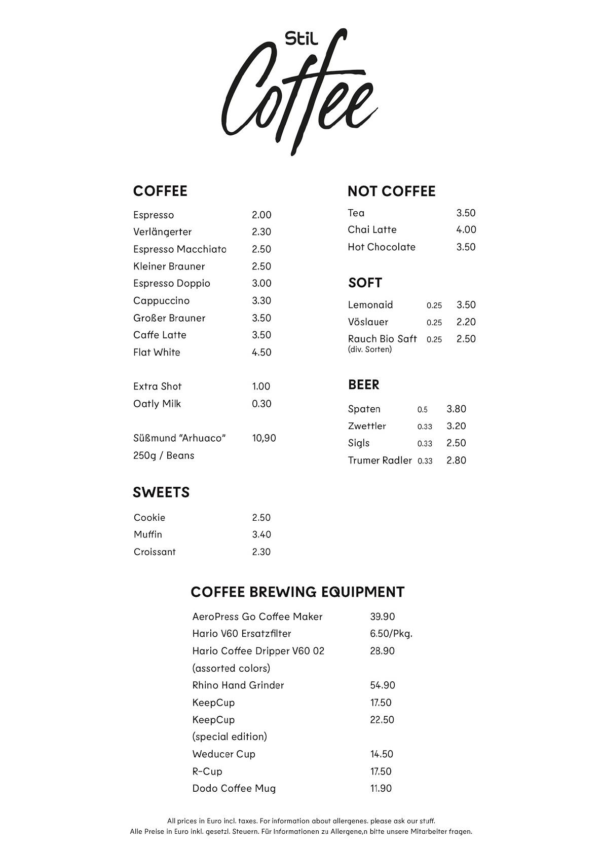 Menu at Stil Coffee, Vienna