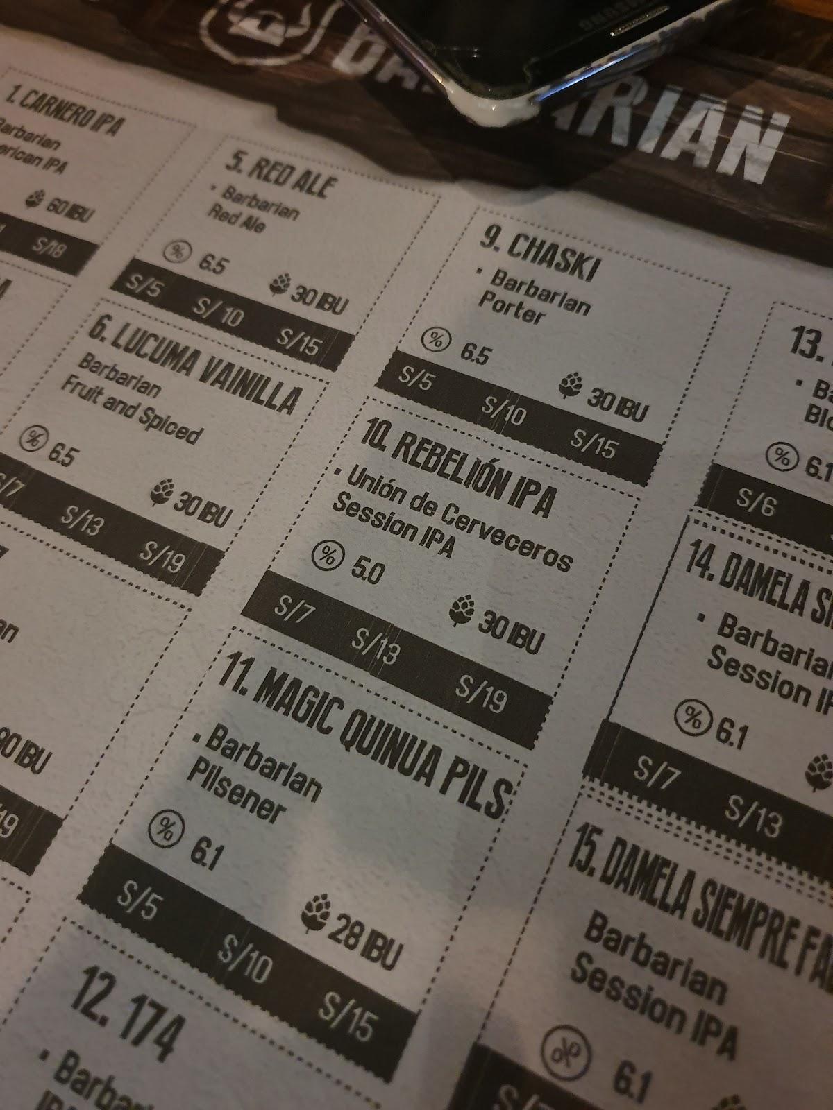 Menu at BarBarian Jockey Plaza, Lima