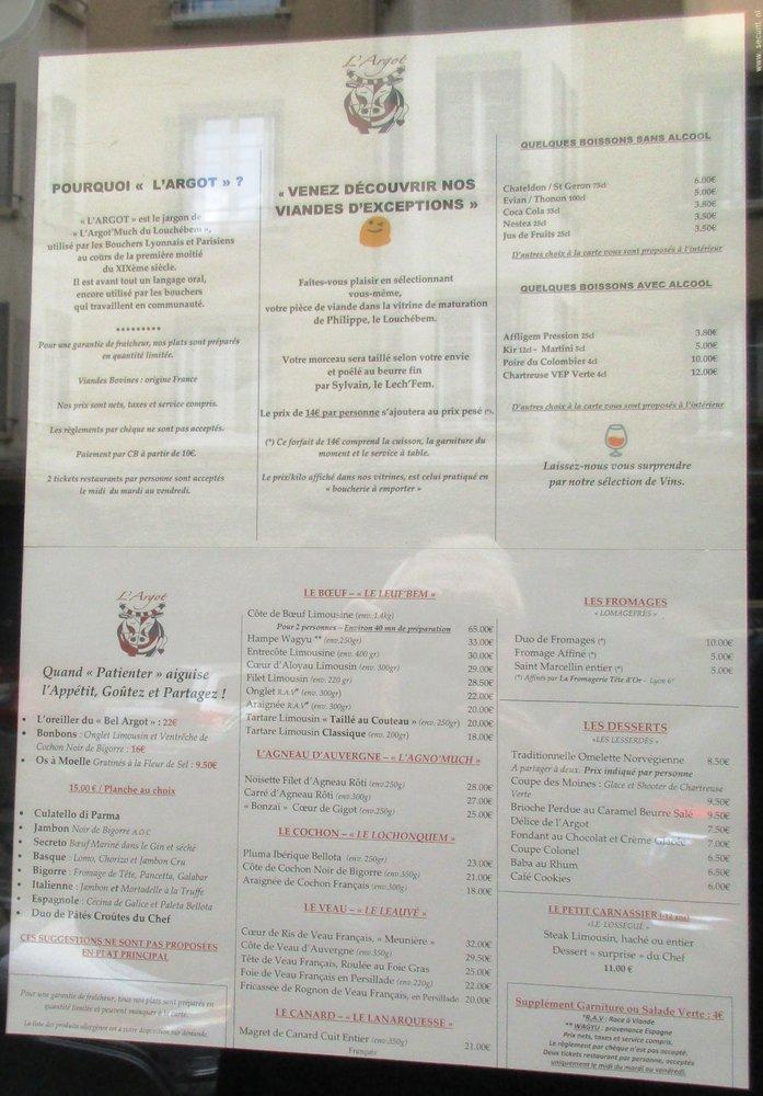 Menu au L'ARGOT Boucherie Restaurant, Lyon