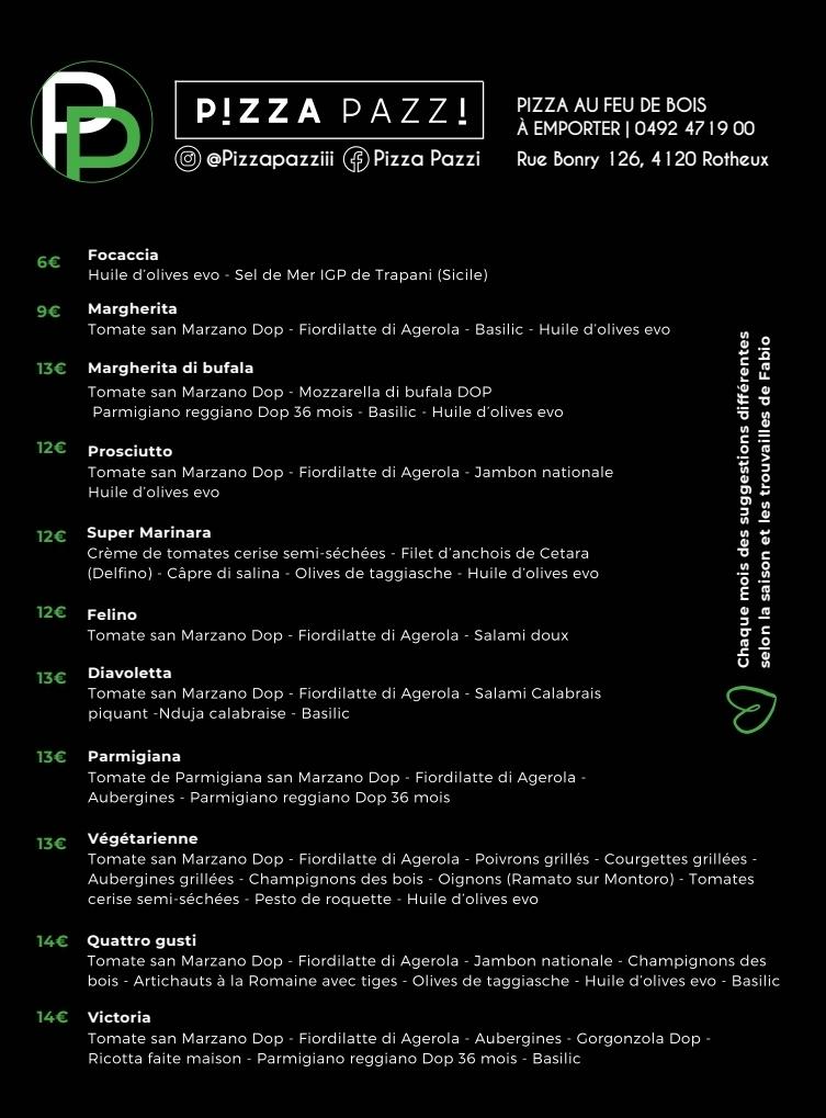 Menu au Pizza Pazzi, Neupré
