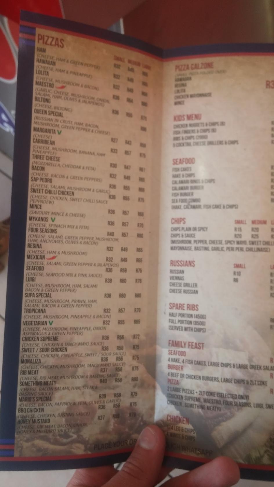 Menu at Supa Marios Pizzaria & Takeaways restaurant, Bloemfontein ...