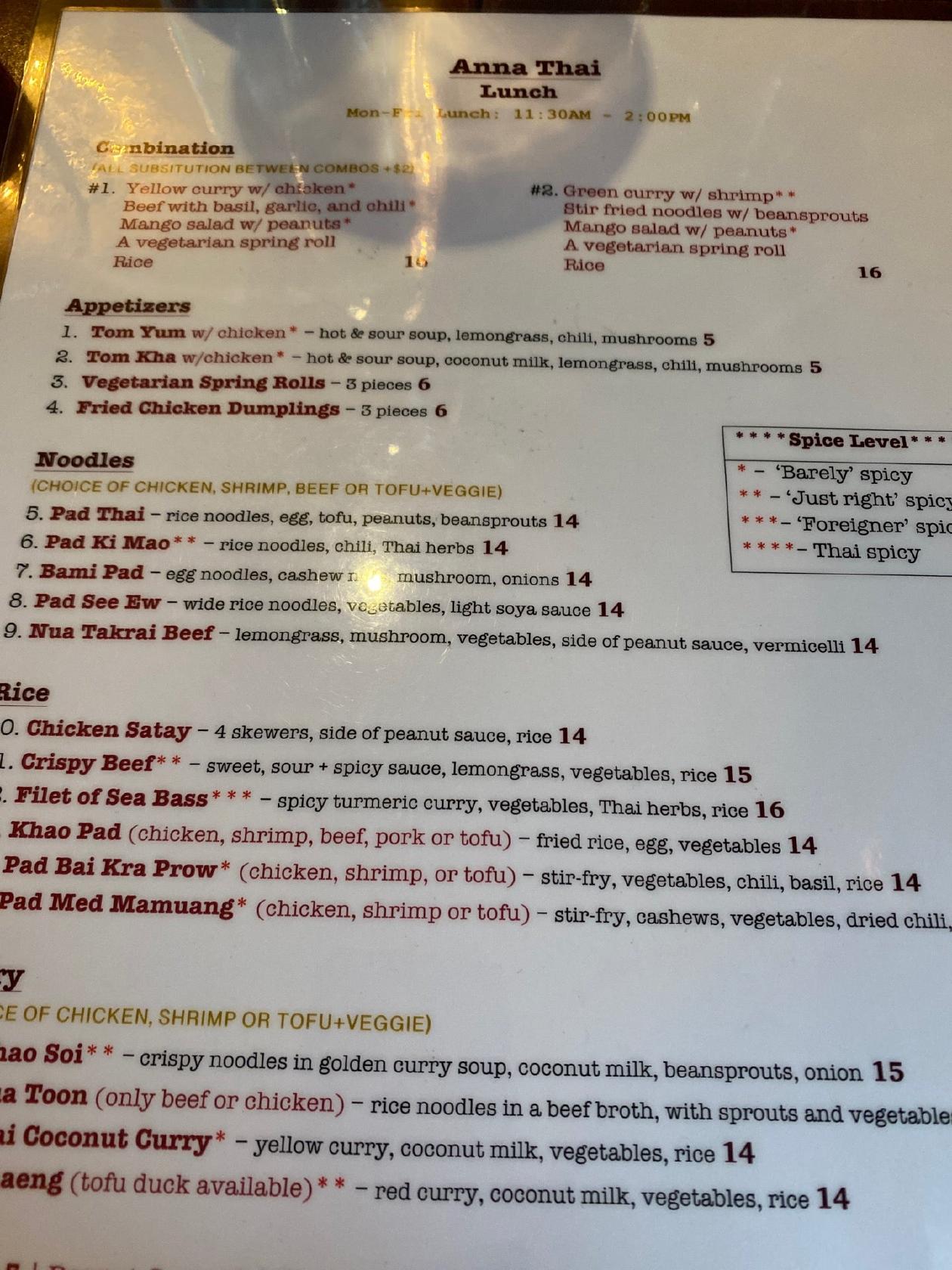Menu at Anna Thai Cuisine restaurant, Ottawa