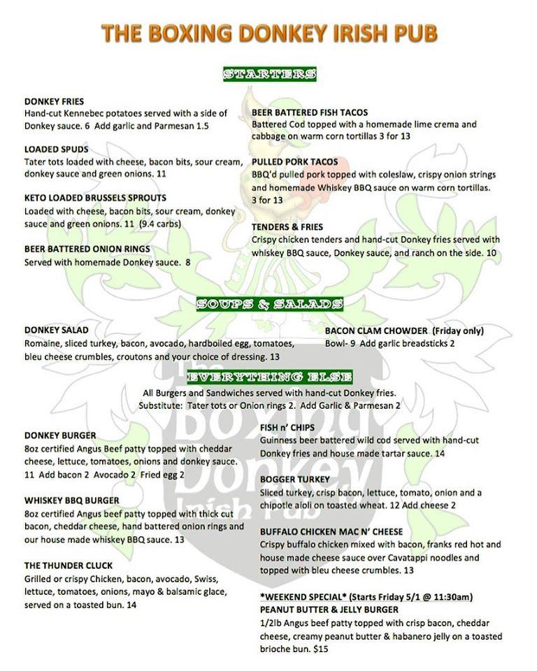 Menu at The Boxing Donkey Irish Pub & Restaurant, Roseville