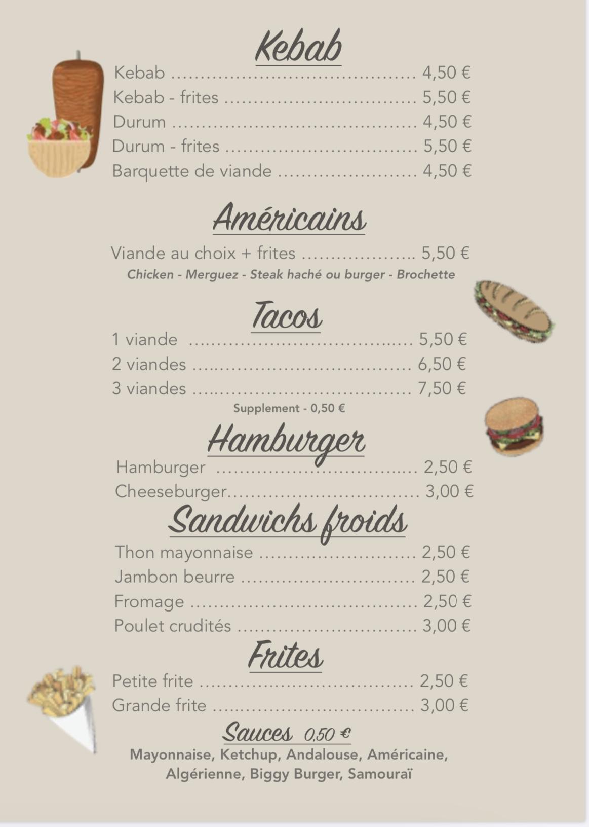 Menu at Chez Abdel restaurant, Les Hautes-Rivières
