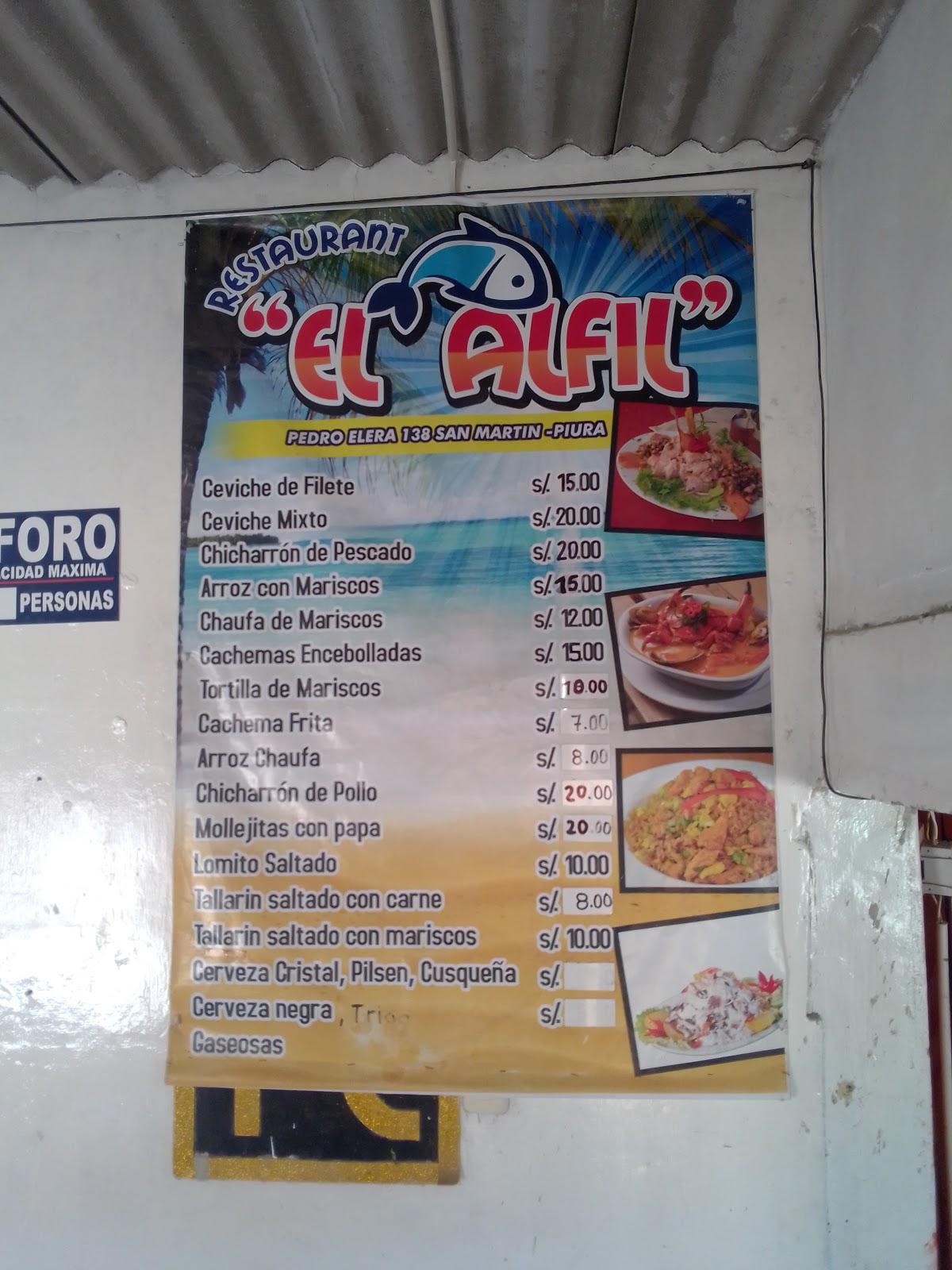 Menu at El Alfil restaurant bar, Piura