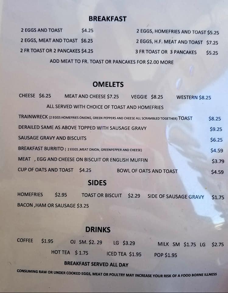 Menu at Over the Rail Diner restaurant, Dennison