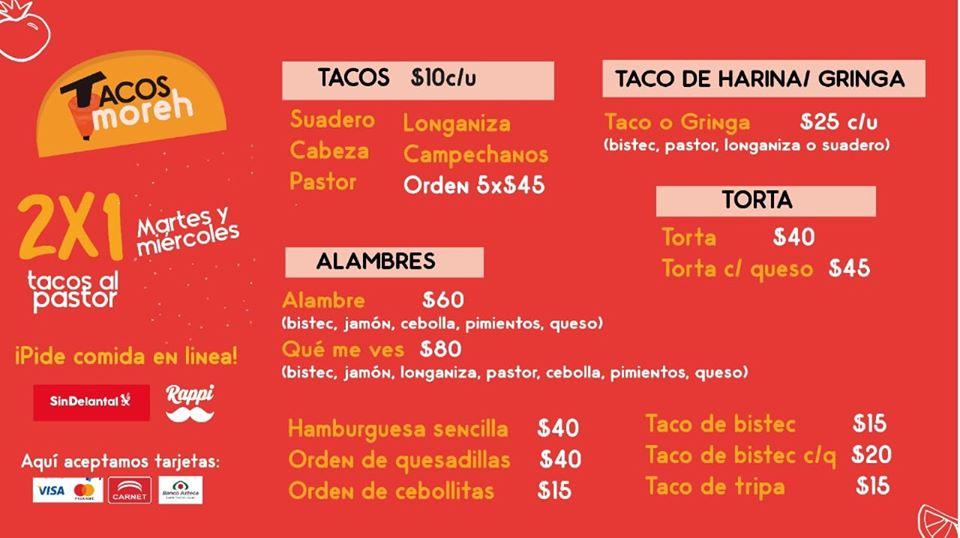 Menu at TACOS MOREH restaurant, Mexico City