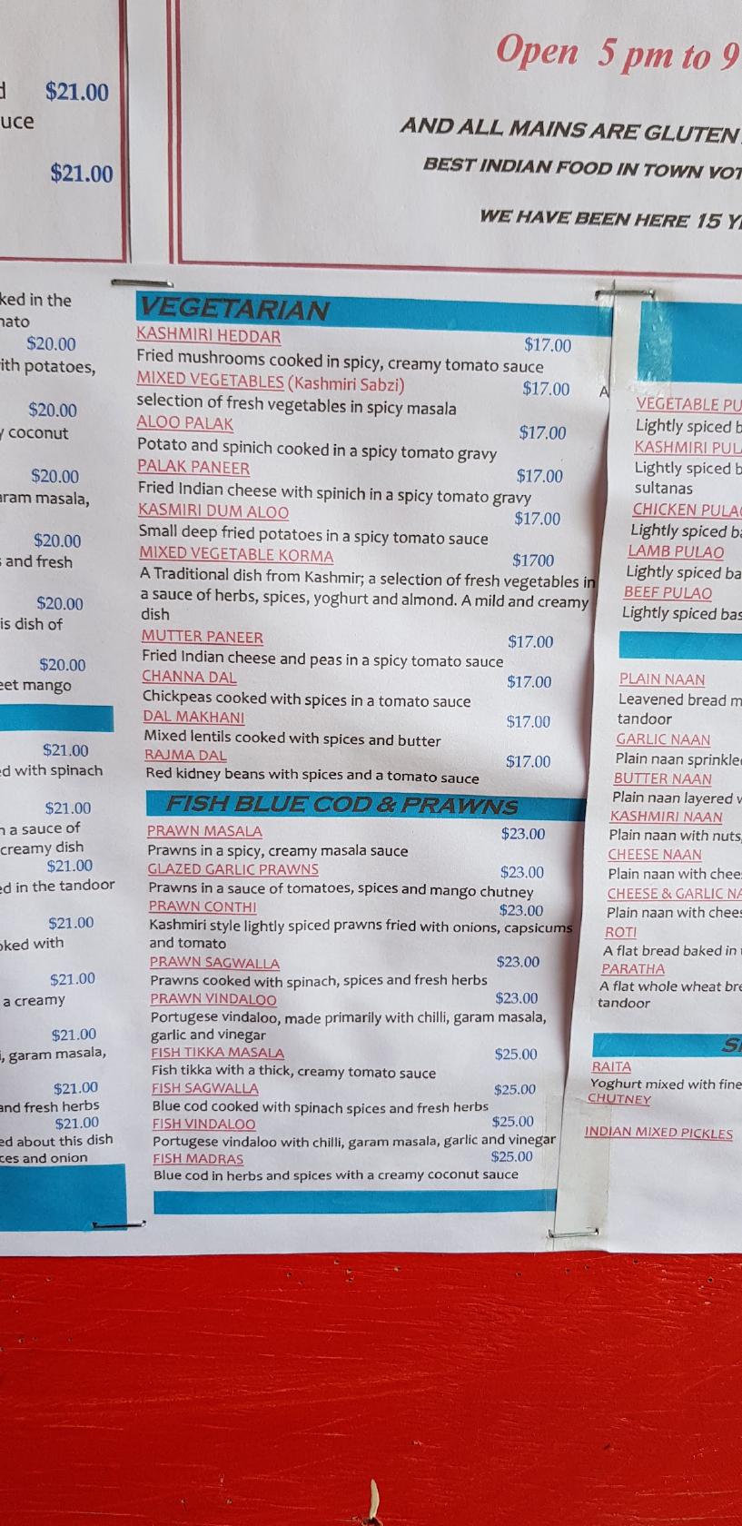 Menu at Ashraf's restaurant, Wanaka