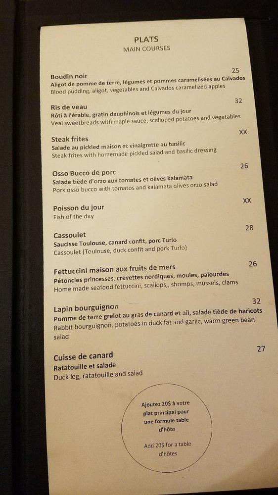 Menu at Bistro St-Malo restaurant, Québec City, 75 Rue Saint-Paul