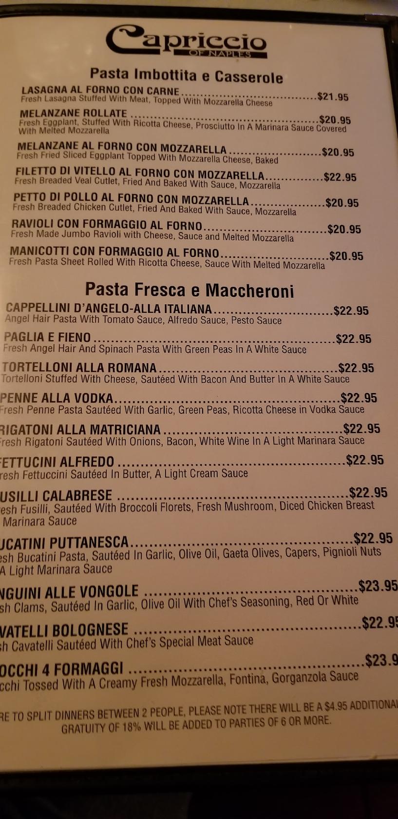 Menu at Capriccio of Naples Italian Restaurant, Naples