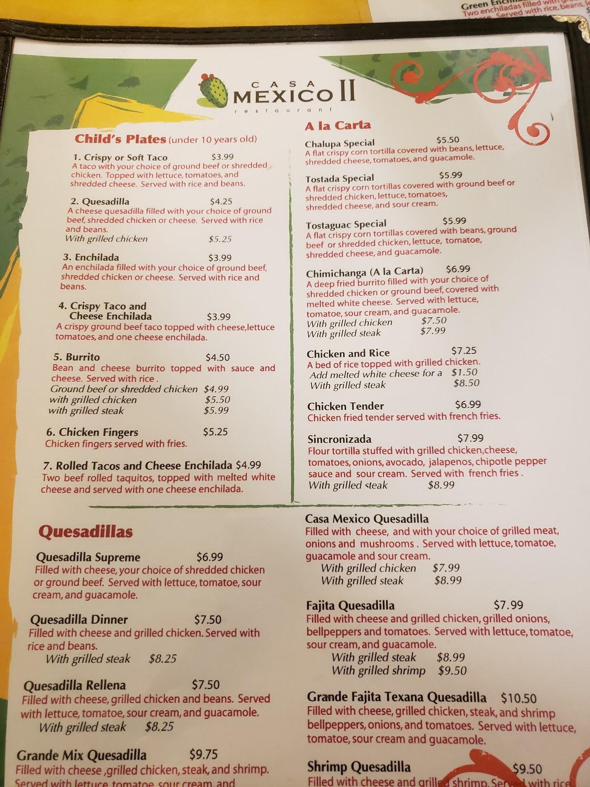 Menu at Casa Mexico II restaurant, Warner Robins