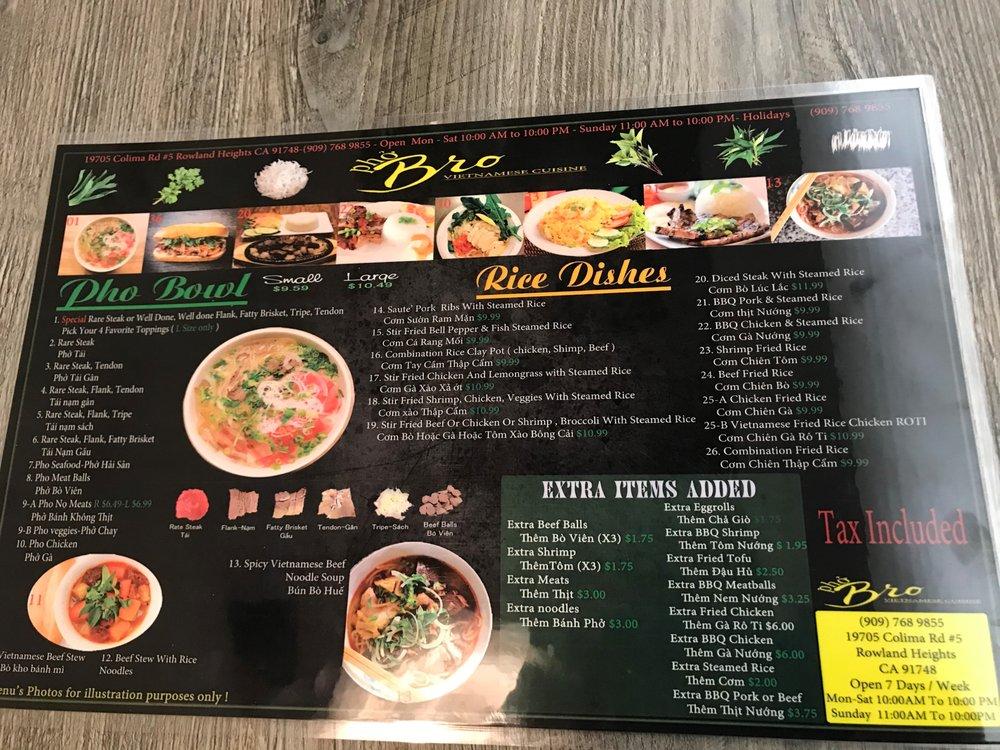 Menu at Pho Bro restaurant, Rowland Heights
