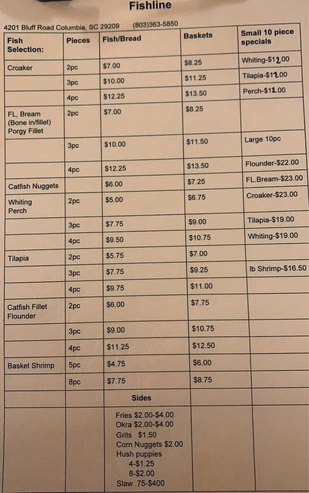 Menu at The Fish Line restaurant, Columbia