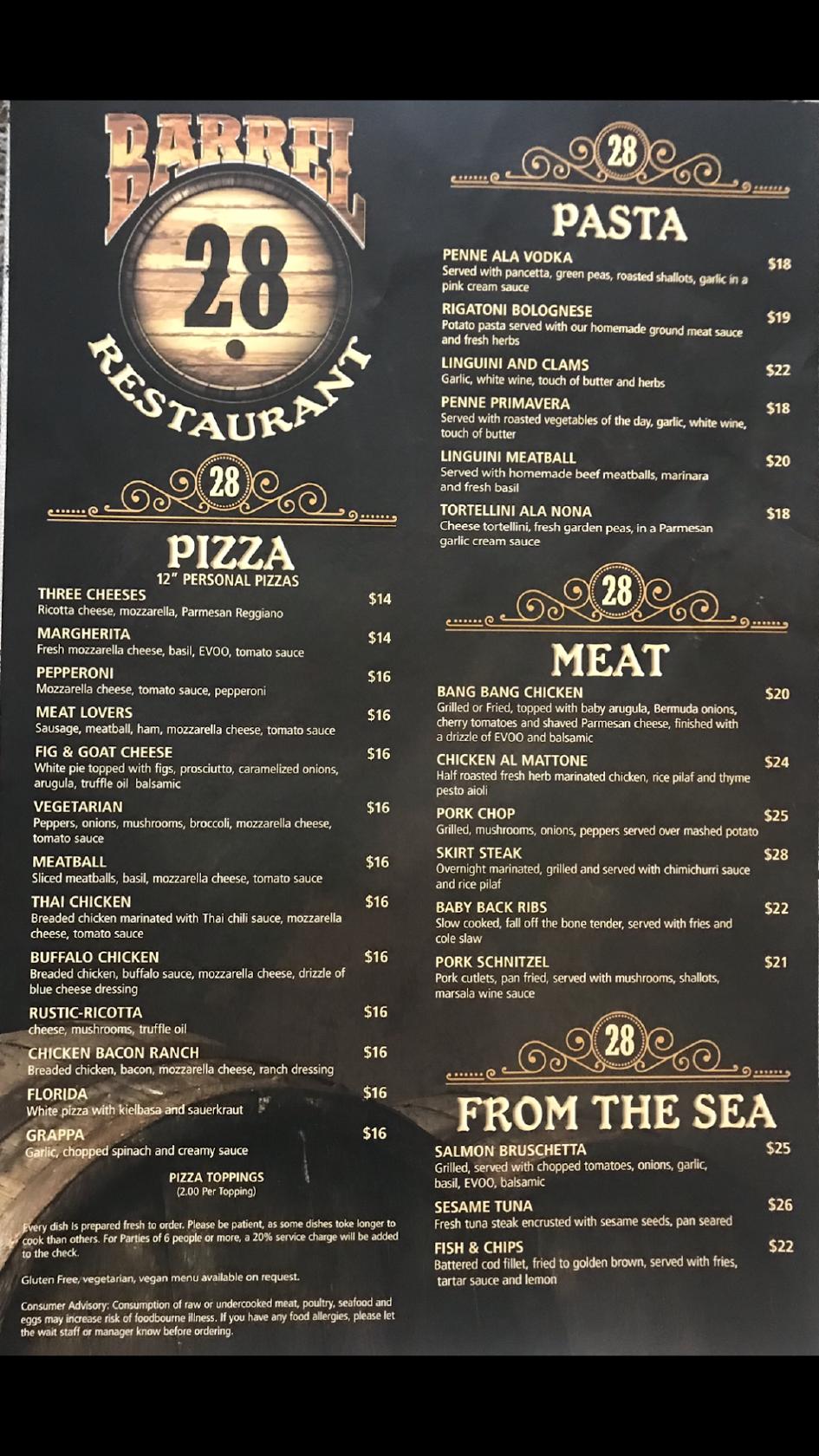 Menu at Barrel 28, Florida