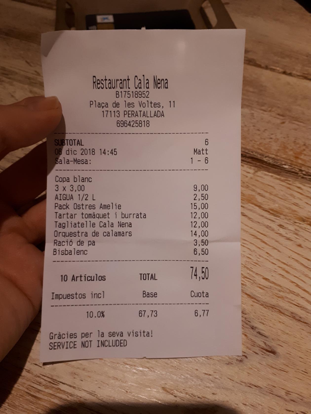 Carta del restaurante Cala Nena, Peratallada