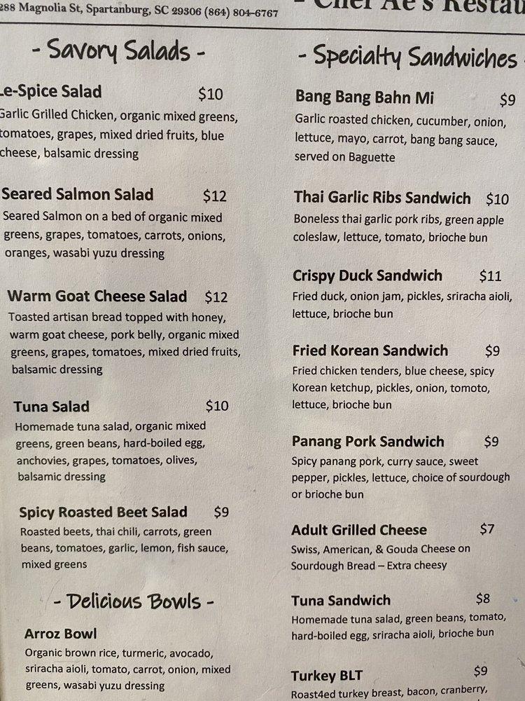 Menu at Chef Ae's restaurant, Spartanburg