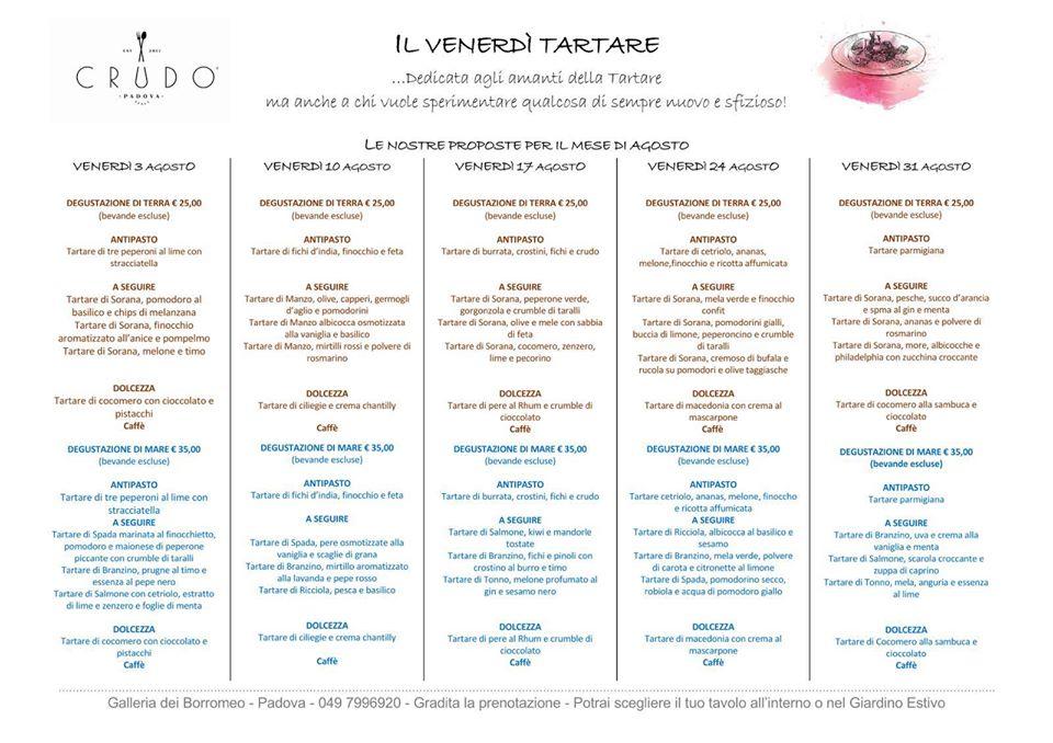 Menu at Crudo restaurant, Padua