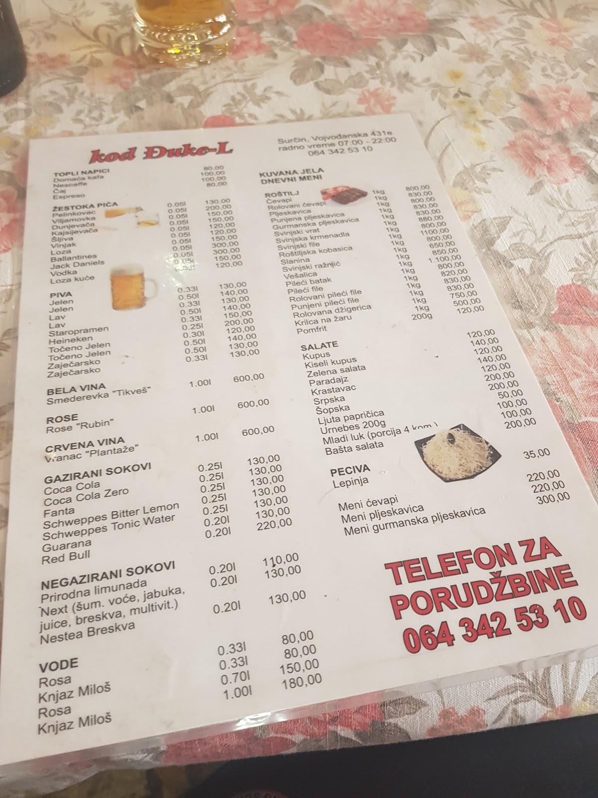 Menu at Kod Đuke restaurant, Surčin