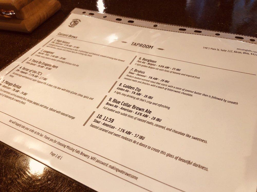 Menu at Missing Falls Brewery restaurant, Akron, 540 S Main St