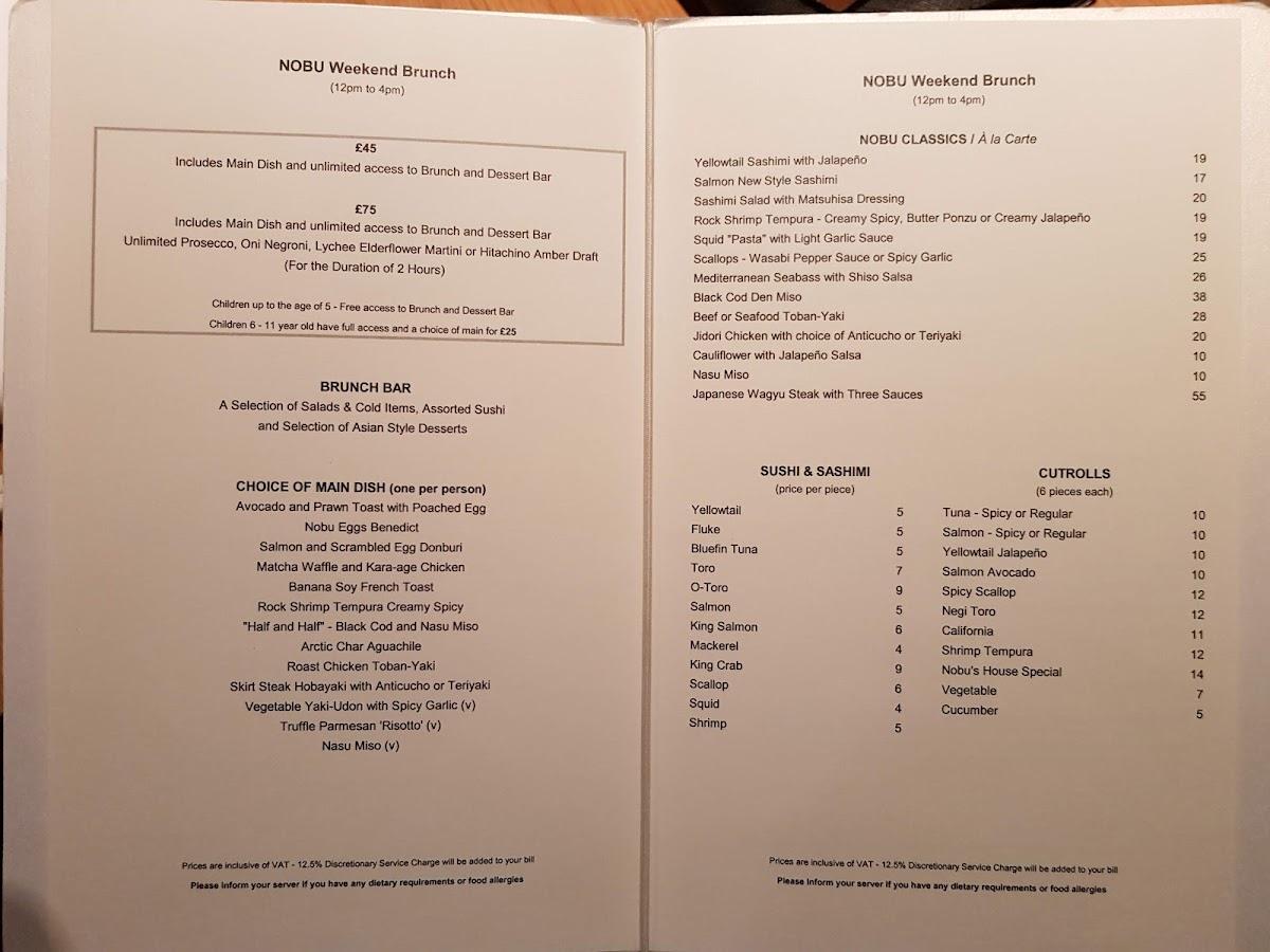 Menu at Nobu Restaurant London Shoreditch, London