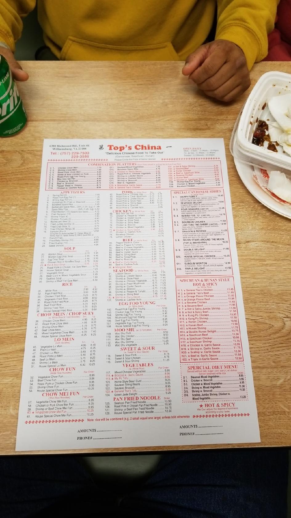 Menu at Top's China restaurant, Williamsburg