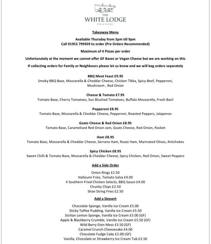 Menu at The White Lodge pub & bar, Attleborough