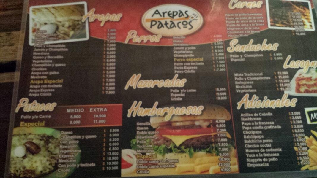 Menu at Arepas y Patacos restaurant, Chía