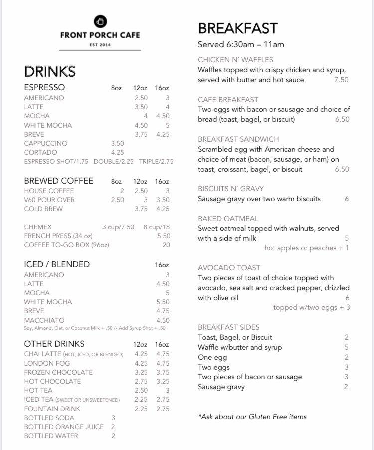 Menu at Front Porch Cafe, Hartville