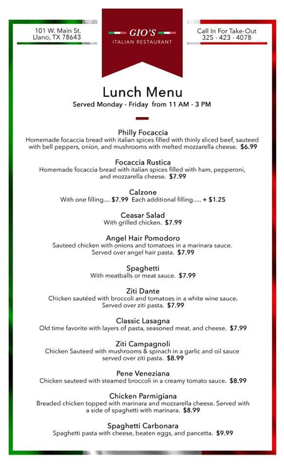 Menu at Gio's Italian Restaurant, Llano