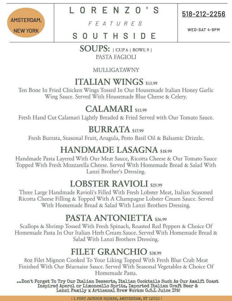 Menu at Lorenzo's Southside pizzeria, Amsterdam
