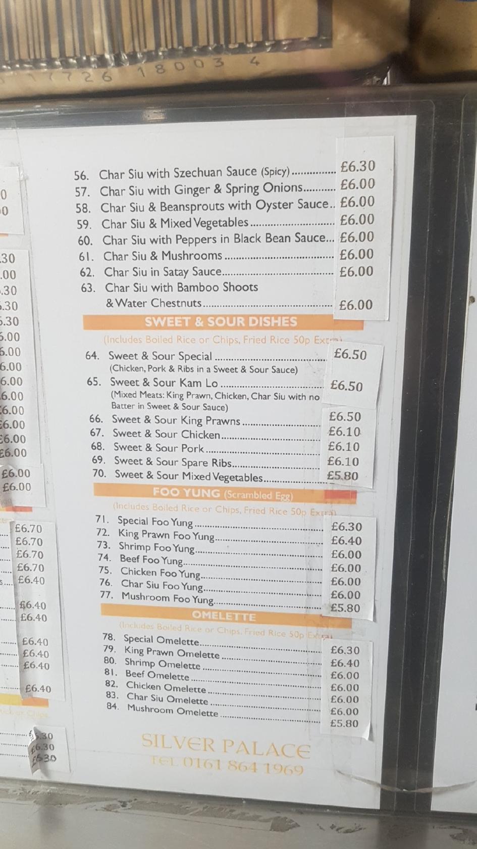 Menu at Silver Palace restaurant, Manchester, 22 Moss Rd