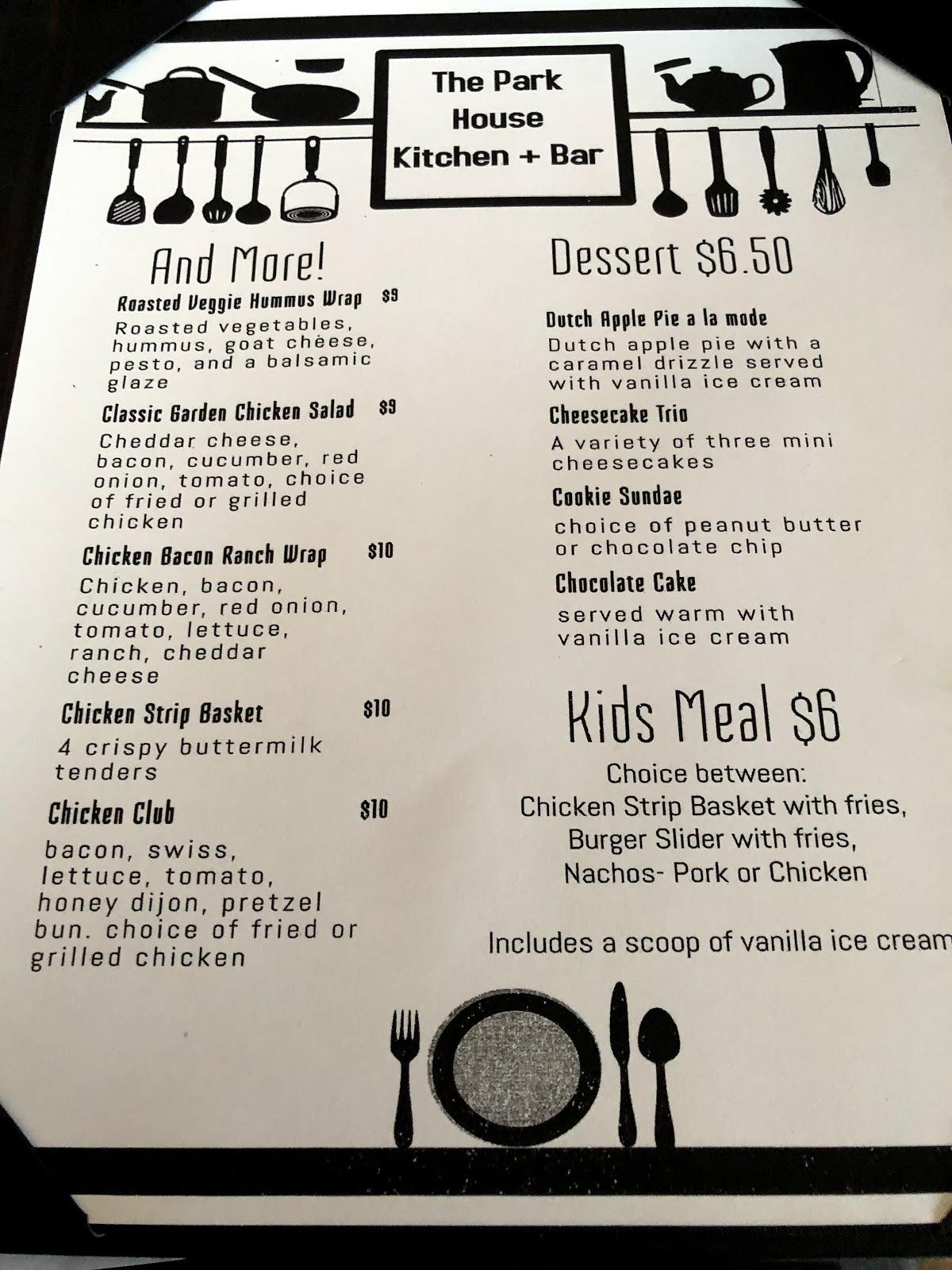 Menu at The Park House Kitchen + Bar, Siloam Springs
