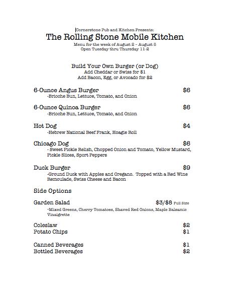 Menu at The Rolling Stone, Barre