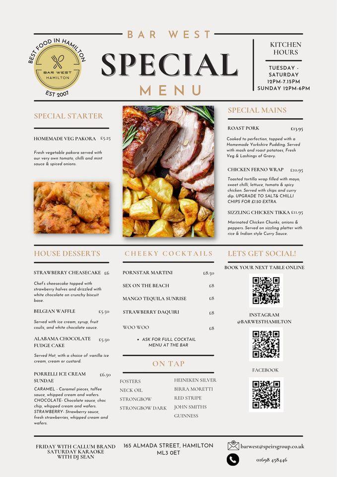 Menu at Bar West, Hamilton