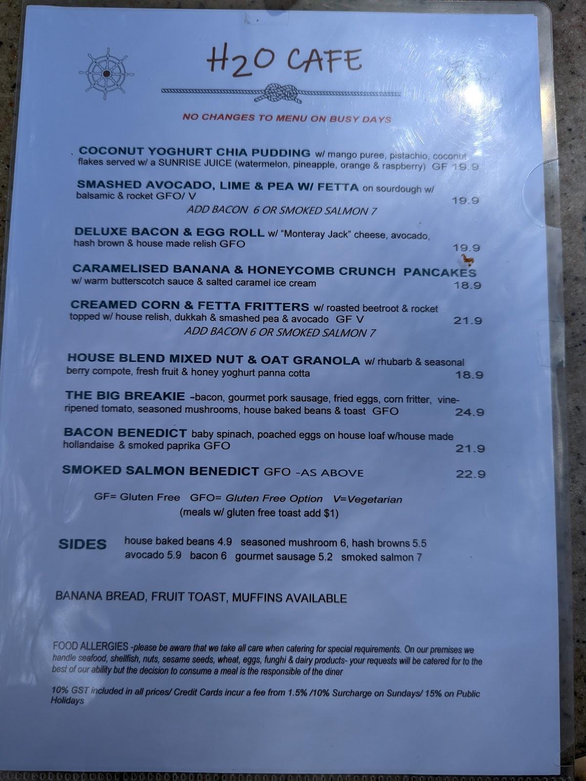 Menu at H2O Cafe Restaurant, Narrabeen