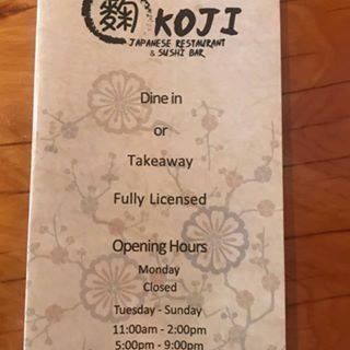 Menu at Koji Japanese Restaurant, Ashburton
